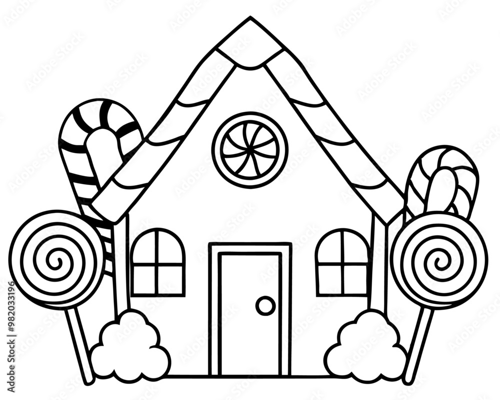 Christmas gingerbread house sweets lollipops outline coloring book page ...
