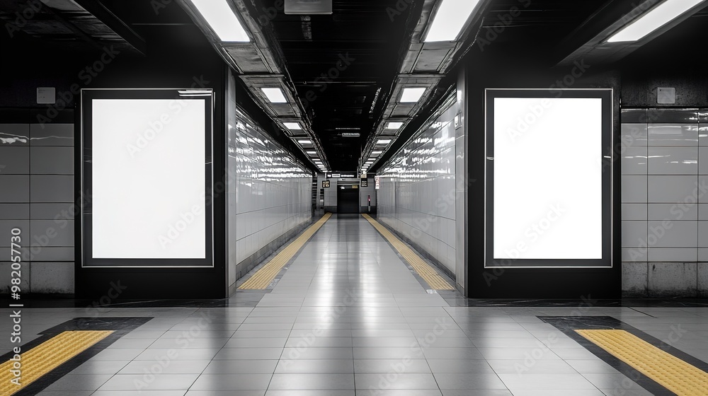 Set of 3 blank sign board stands in an underground subway metro station ...