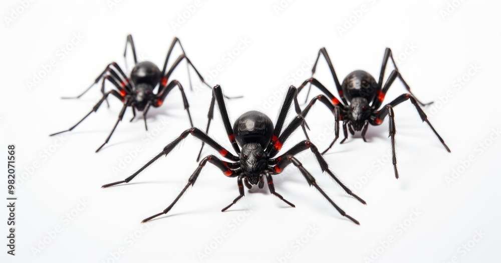 3 different types of black widow spiders in various poses against a ...