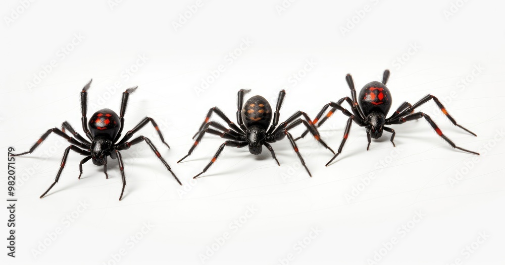 3 different types of black widow spiders in various poses against a ...