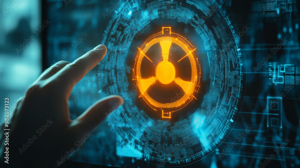 A man interacting with a touchscreen displaying a radioactive label ...