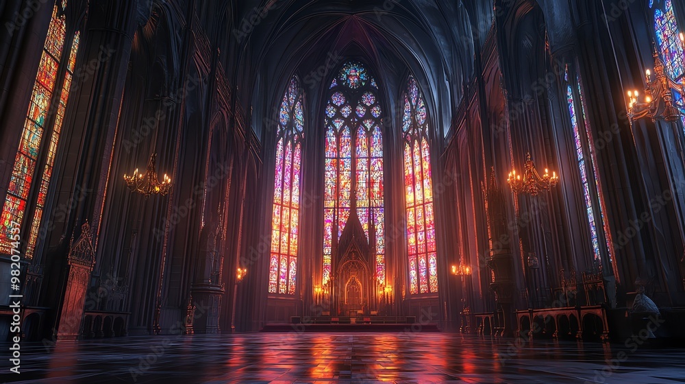 A large, ornate, gothic cathedral interior with stained glass windows ...