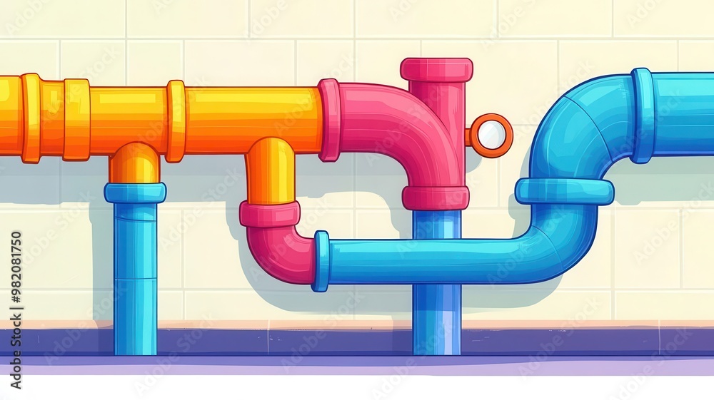 Water pipes in industrial trade flat design, side view, steampunk theme ...