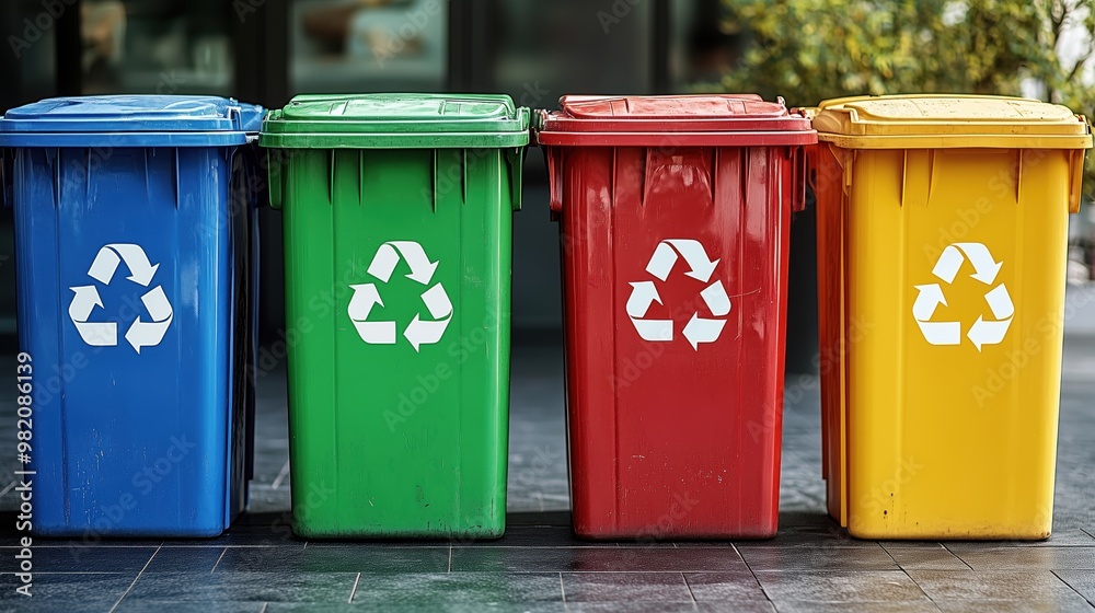 Set of blue, green, red, and yellow recycling bins with the recycling ...