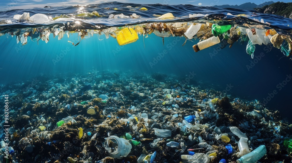 Ocean Plastic Pollution Below Water Surface. Plastic waste floating ...