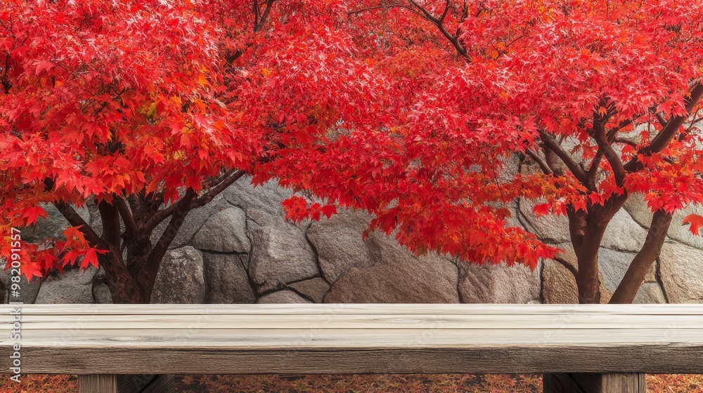 Rustic wooden counter with vivid crimson Japanese maple tree garden in ...