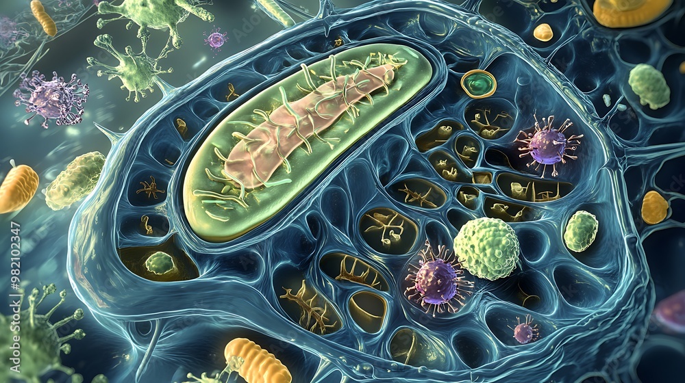 The internal structure of a singlecelled organism showing detailed ...