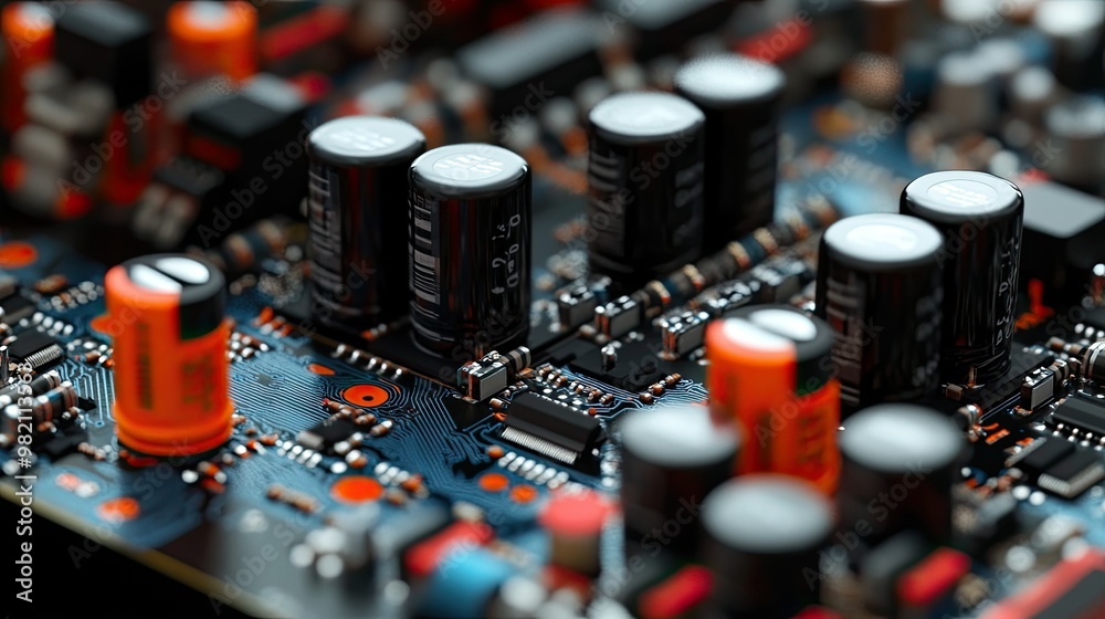 Detailed view of a servo control board with microchips, capacitors, and ...