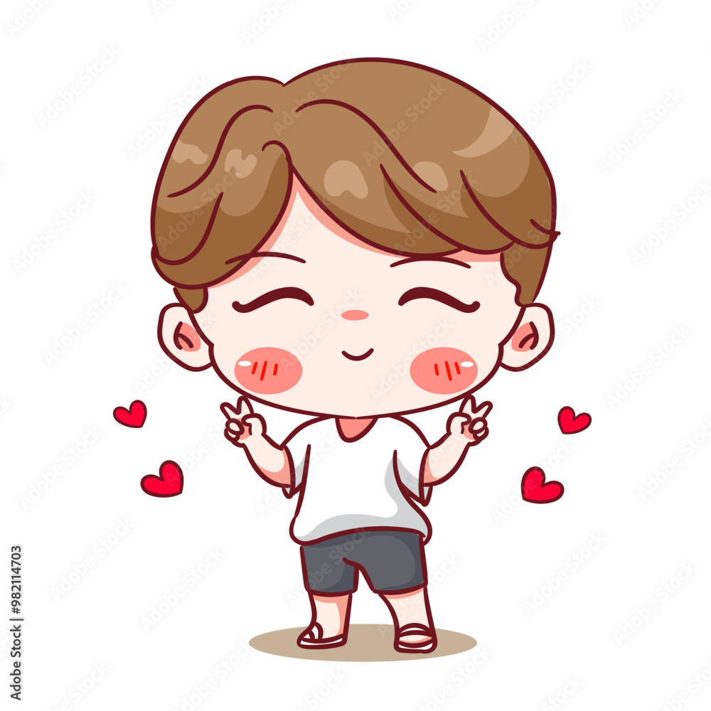 Cute boy smiling showing peace sign with love cartoon character. Korean ...