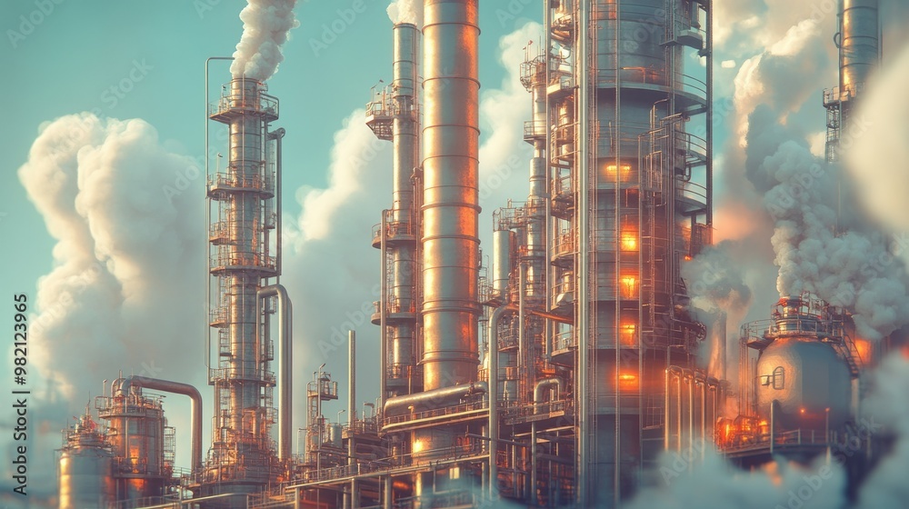 Industrial background of a chemical plant refinery, featuring towering ...