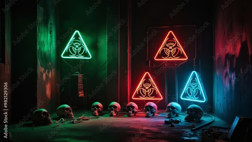 ภาพประกอบ Stock Neon signs with biohazard symbols in red and green ...