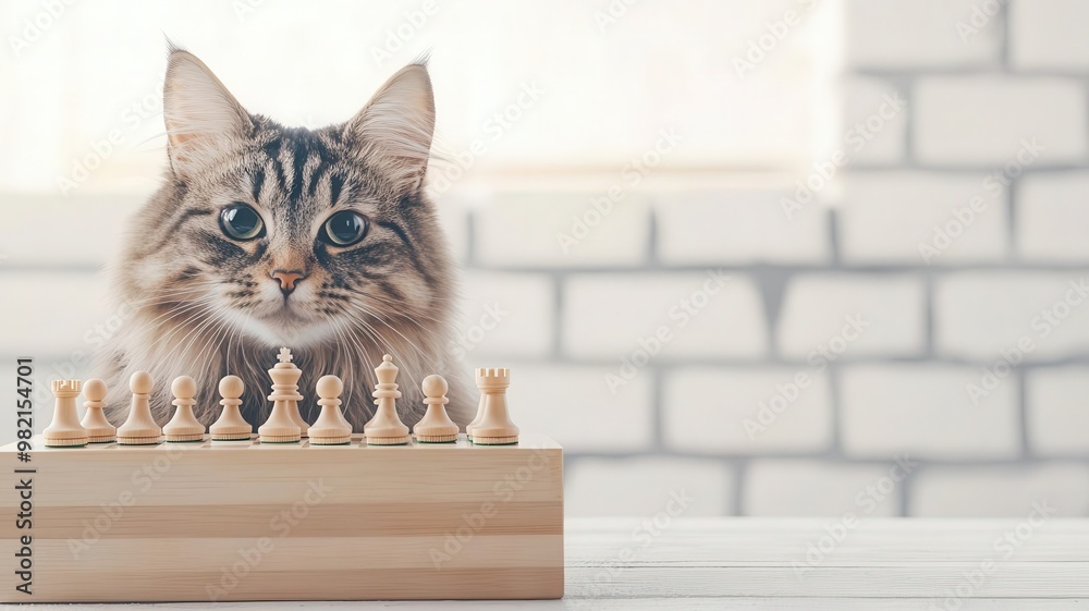 AI-driven pet companion playing chess with a curious cat, intelligent ...