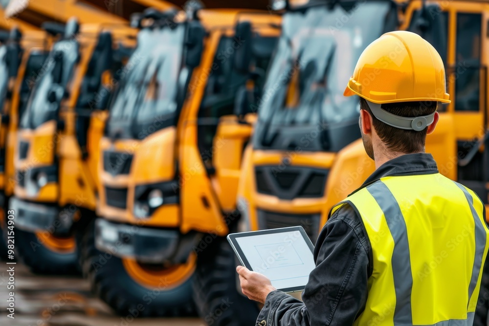 Mining Engineer With Digital Tablet Manages Heavy Equipment Fleet ...