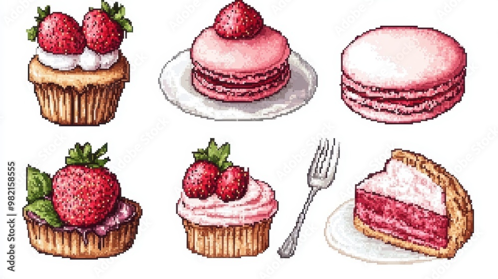 Vector illustration Cross stitch Sweet dessert set with strawberry cake ...