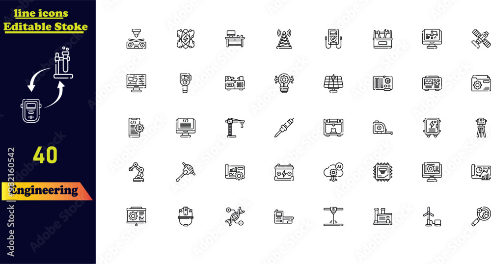 Editable stroke icon set for engineering, featuring icons for ...