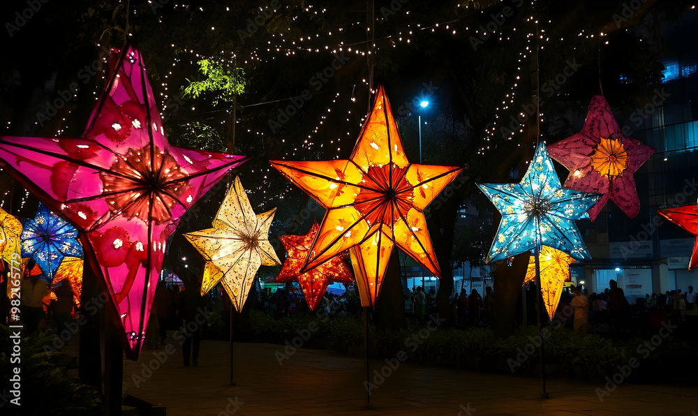 Series of colourful aakash kandil lights displayed in Pune city area ...