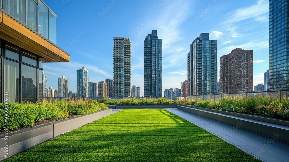 Rooftop sky garden in an urban setting, surrounded by high-rise ...