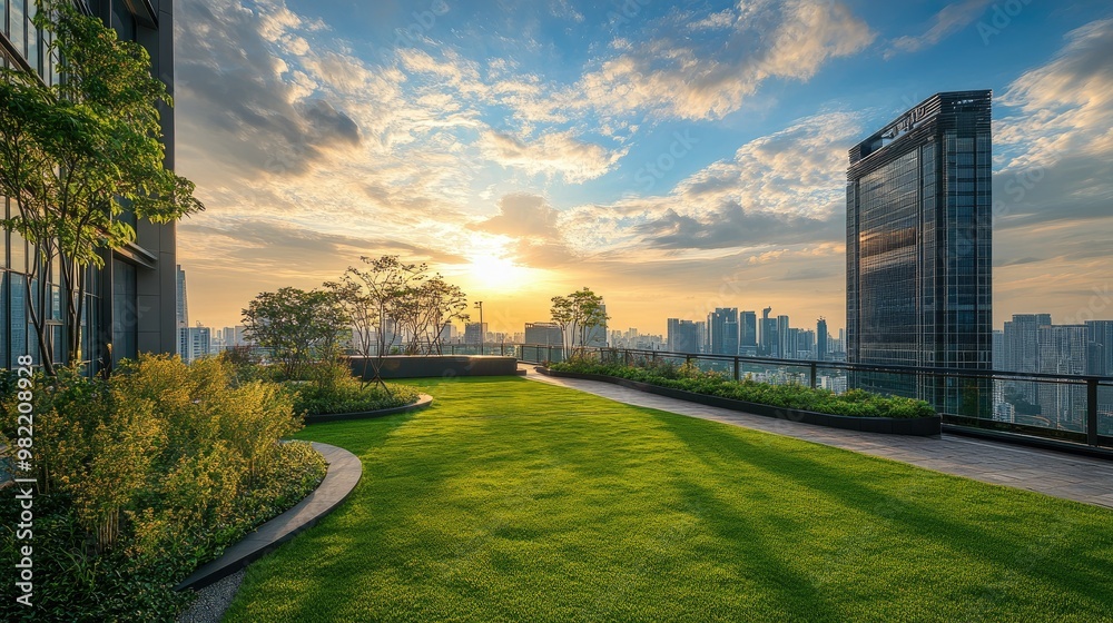 Rooftop sky garden in an urban setting, surrounded by high-rise ...