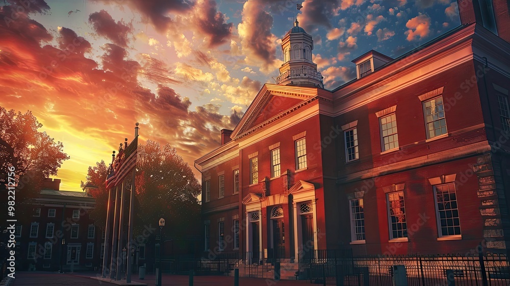 Fictional Independence Hall scene standing proud in American flag ...