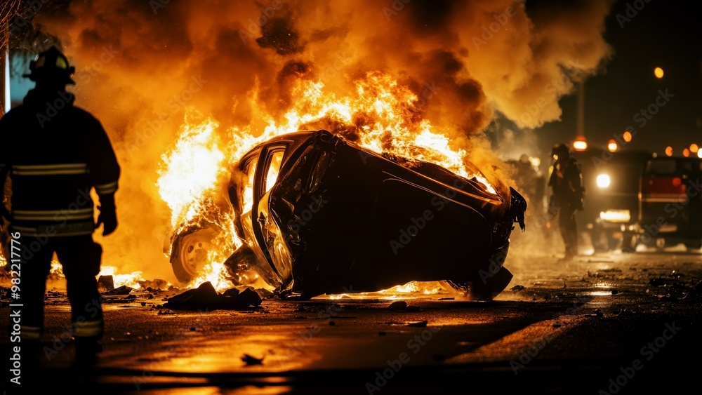 overturned vehicle engulfed in flames after car accident, firefighters ...