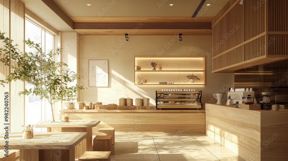Japanese-style coffee shop with clean lines, natural wood tones, and an ...
