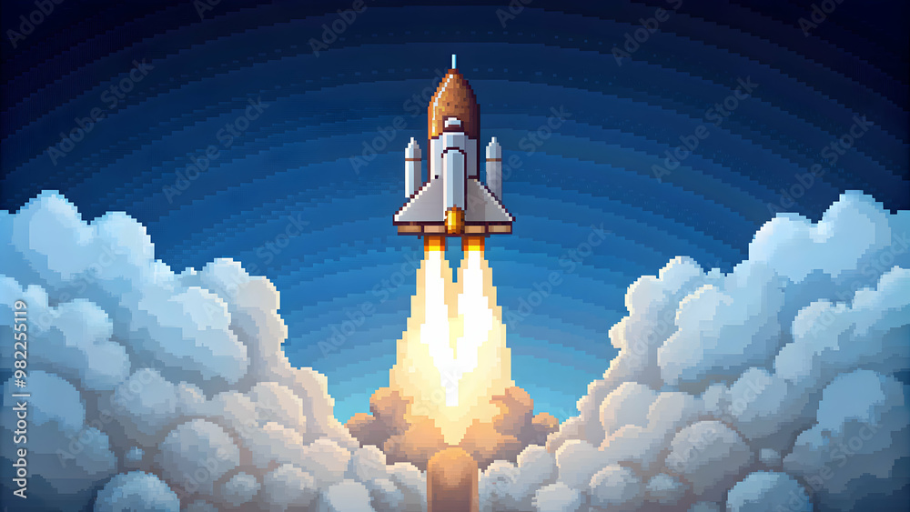 Pixel art animation of a rocket launching into space surrounded by smoke clouds, rocket, launch ...