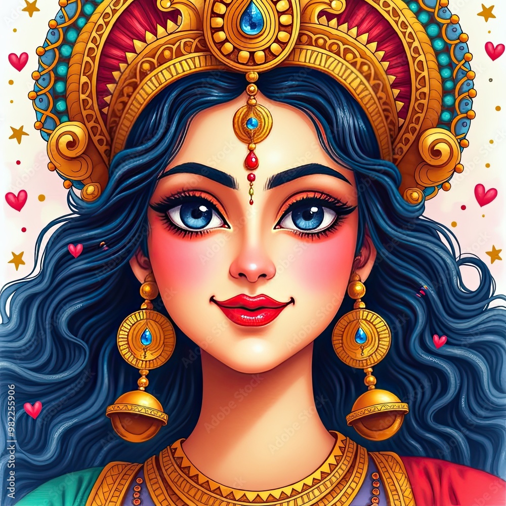 Watercolor of Durga’s Face Framed by Sacred Symbols and Vibrant Colors ...