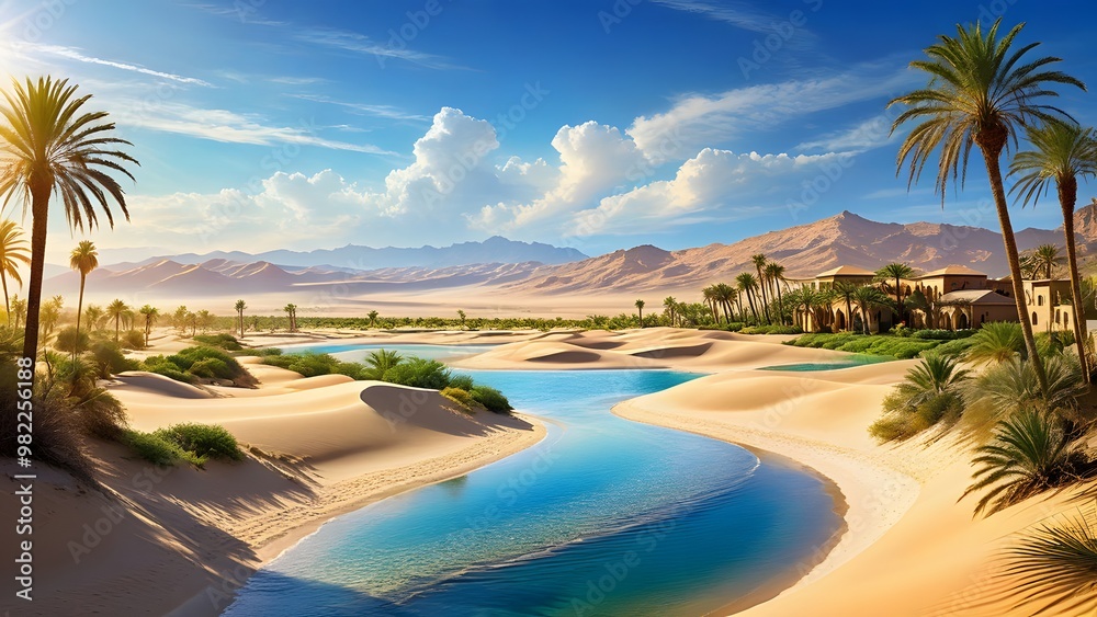 Serene desert oasis with lush palm trees, a clear blue water stream ...