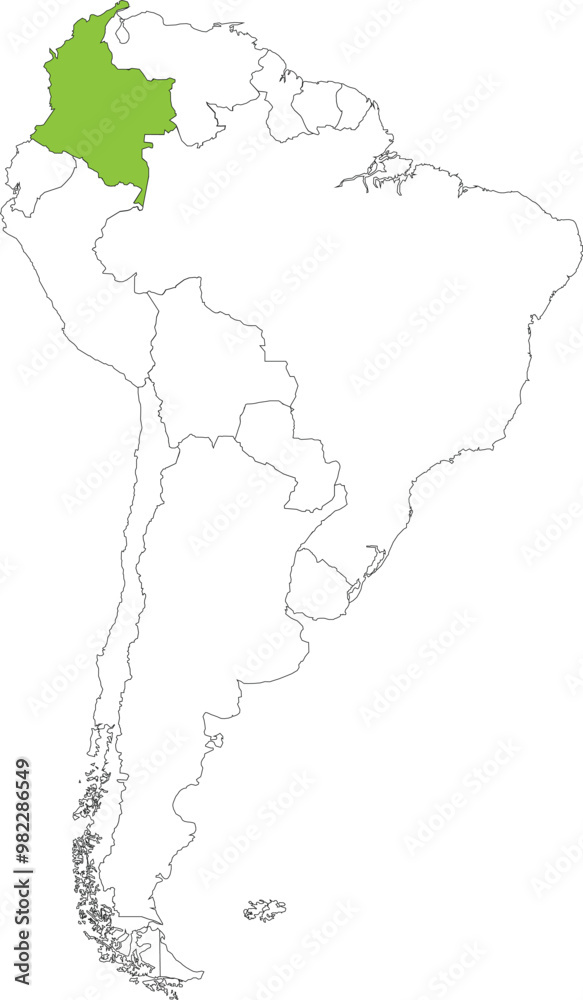 Highlighted map of COLOMBIA inside detailed blank flat political map of ...