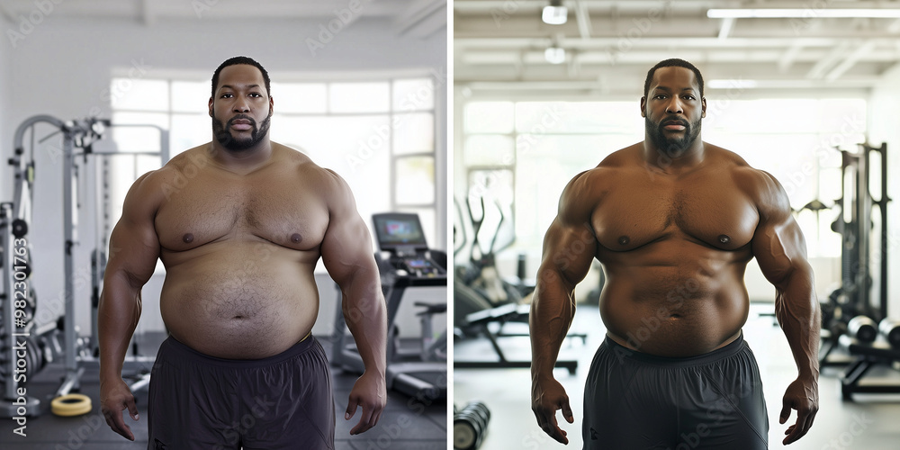 A split-screen fitness transformation of a man. The left side shows an ...