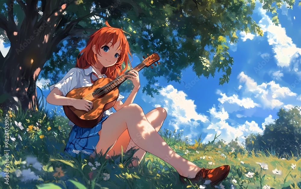 Anime illustration of a red-haired girl playing a lute on the grass ...