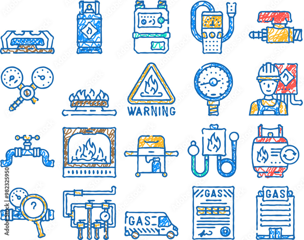 gas energy oil power pipeline doodle icons set vector. sketch line art ...