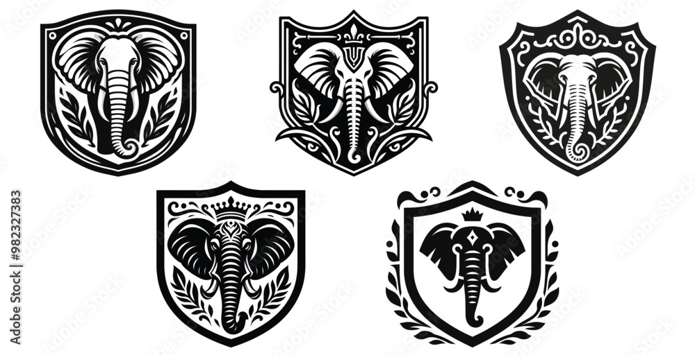 Elephant crest designs in black and white vector illustration ...