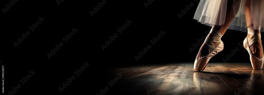 Extreme close-up of a dancer en pointe, ballerina feet on a wooden ...