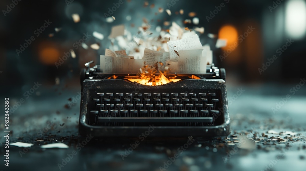 A vintage typewriter with burning papers and floating sparks ...