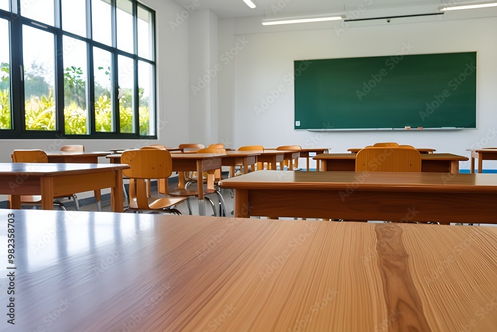 Empty table in modern classroom. Empty wood table with blur class for ...