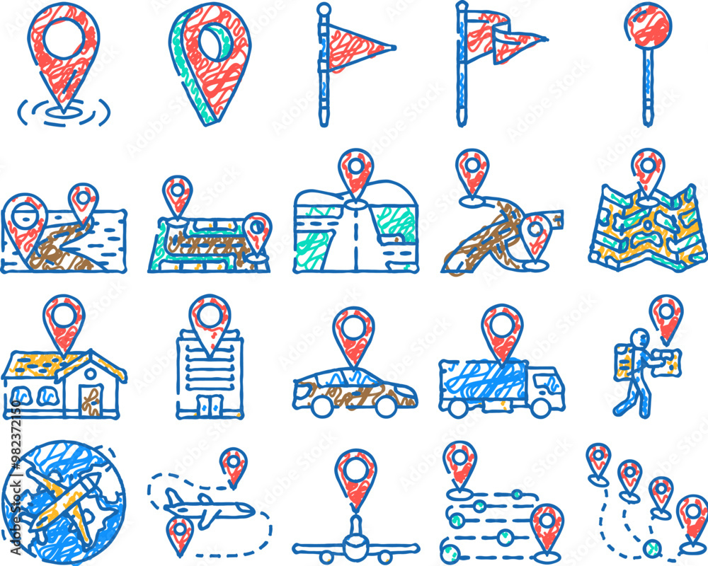location pin map place point doodle icons set vector. sketch line art ...