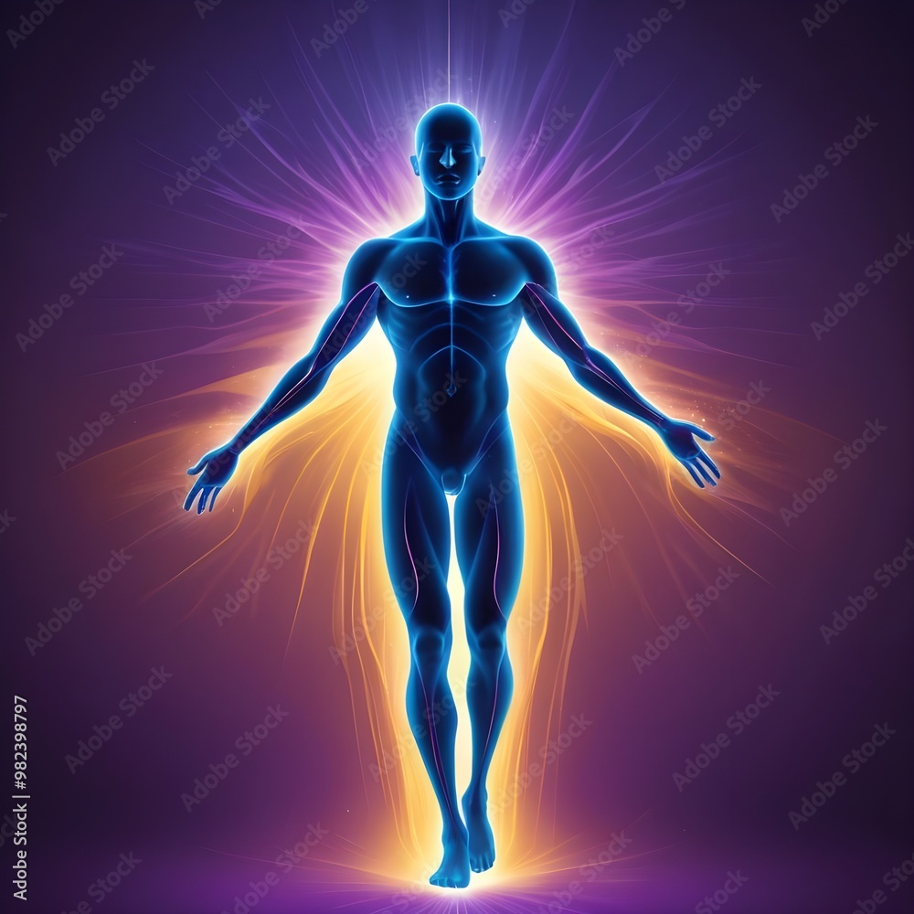 human body soul aura neon glow blue and pink black background ...