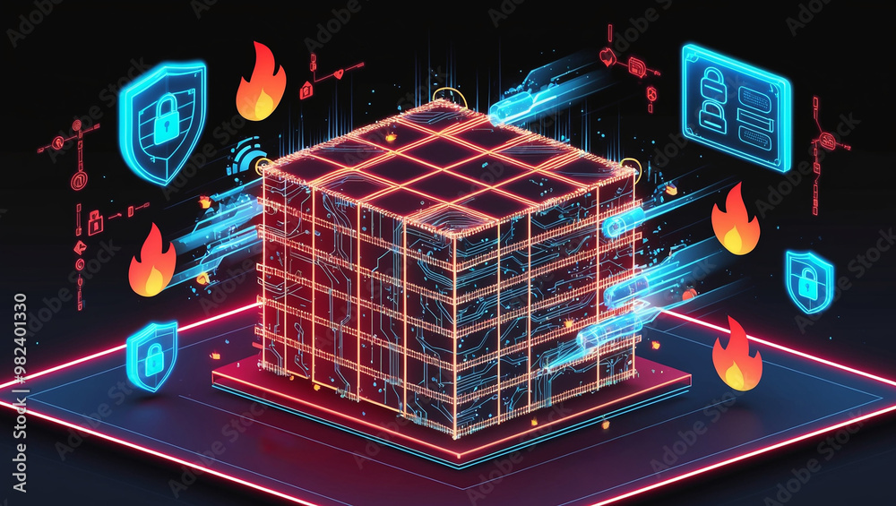 A digital firewall defending against incoming cyberattacks, surrounded ...