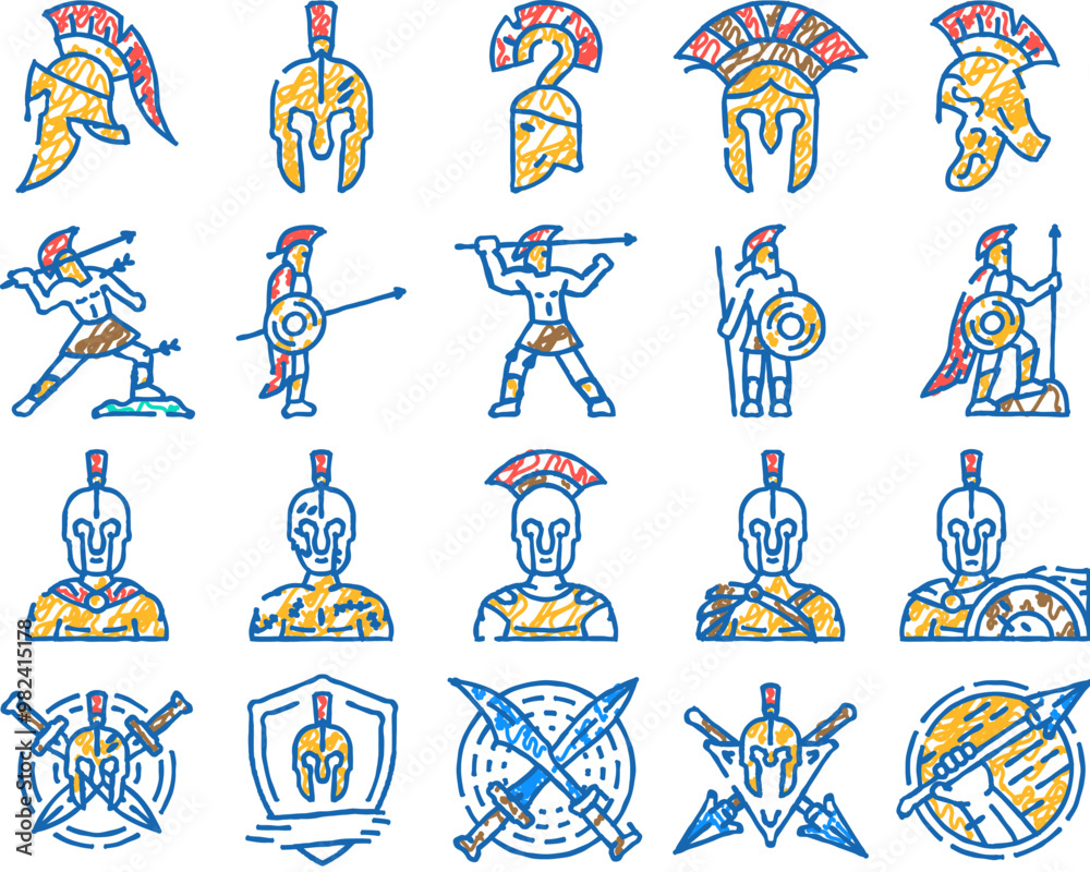 spartan warrior helmet doodle icons set vector. sketch line art roman ...