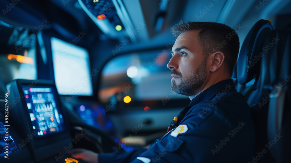 EMS drivers in their trucks, driving through city streets while ...