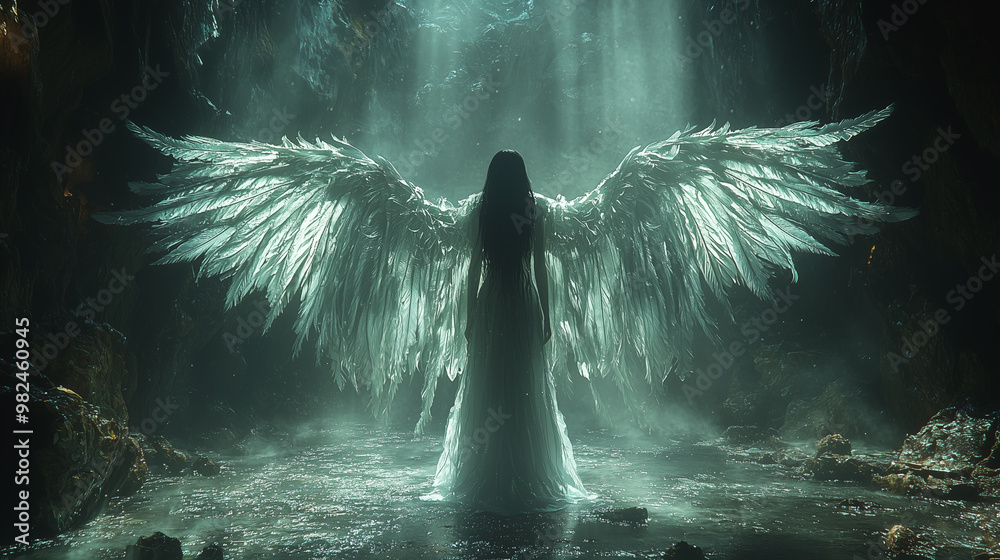 Angel with wings spread wide, standing of a dark fantasy dungeon. The ...