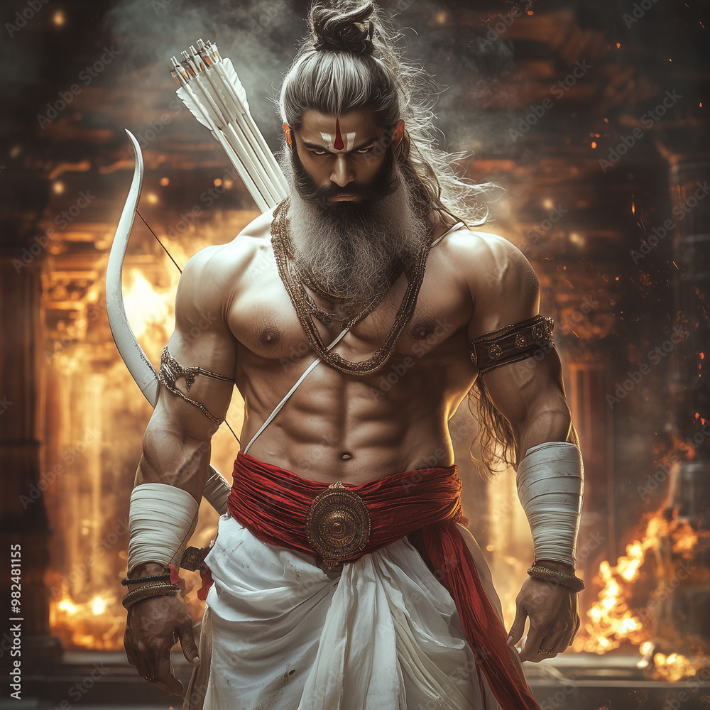 Arjuna Mahabharata with white hair wearing full Indian armor hold bow ...
