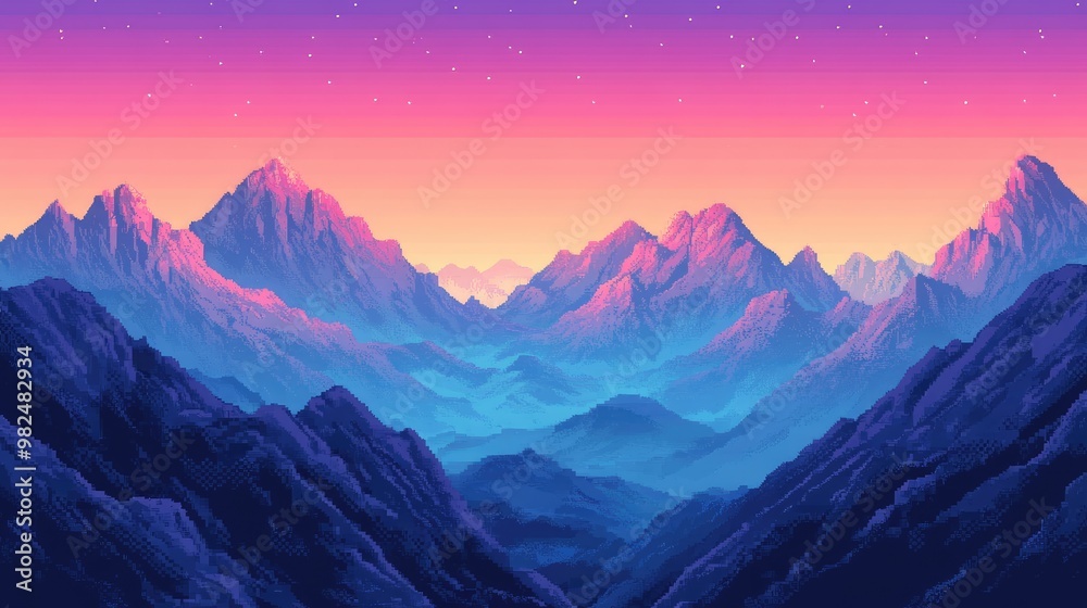 Endless pixel art mountains stretching into the distance, creating a ...