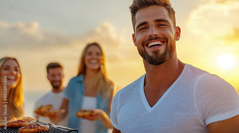 Photorealistic family enjoying a summer holiday barbeque at sunset ...