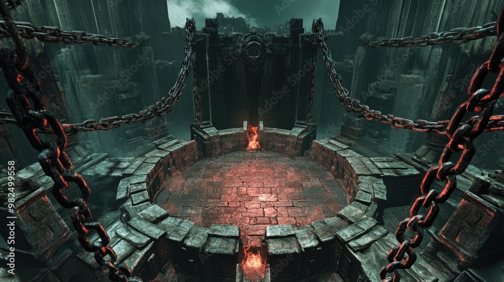 Metal chains and a stone platform dominate the center of an infernal ...