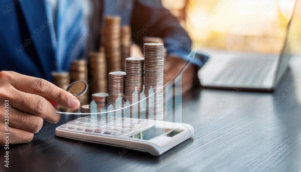 Businessman calculating with calculator, coins stacked in background ...