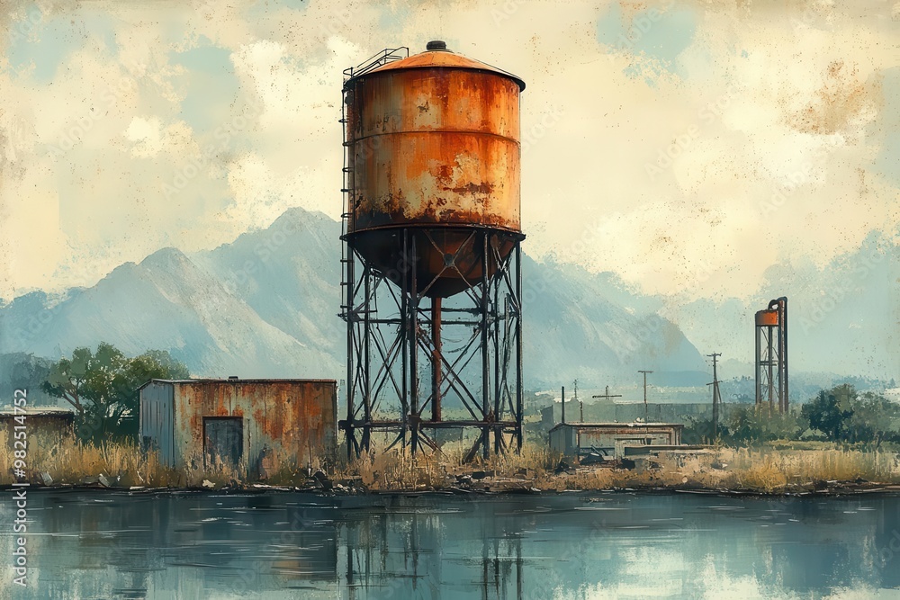 rustic water tower illustration with weathered metal textures elevated ...