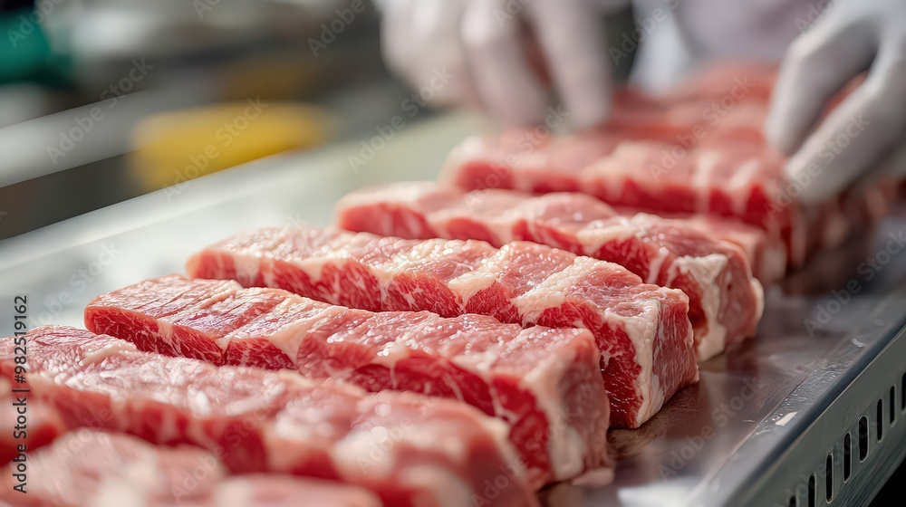 Fresh cuts of marbled pork arranged neatly on stainless steel surface ...