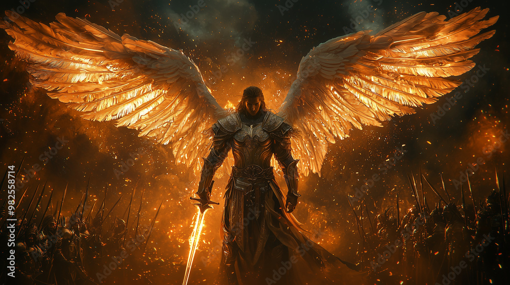 golden-winged male angel standing with a flaming sword in radiant armor ...